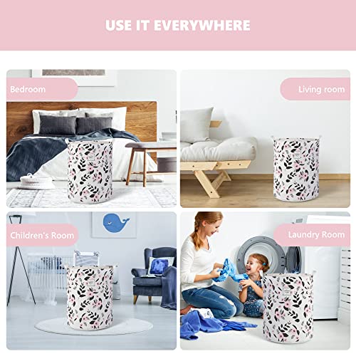 Large Foldable Laundry Basket Hamper Holder Portable Tall Collapsible Laundry Hamper Nusery Storage Basket Bin with Handles, Canvas & Waterproof lining for Household Items (Floral Pink)