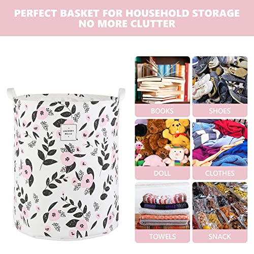 Large Foldable Laundry Basket Hamper Holder Portable Tall Collapsible Laundry Hamper Nusery Storage Basket Bin with Handles, Canvas & Waterproof lining for Household Items (Floral Pink)