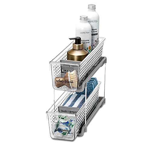 Madesmart Mini 2-Tier Plastic Multipurpose Organizer with Divided Slide-Out Storage Bins, Compact Under Sink and Cabinet Organizer Rack, Clear