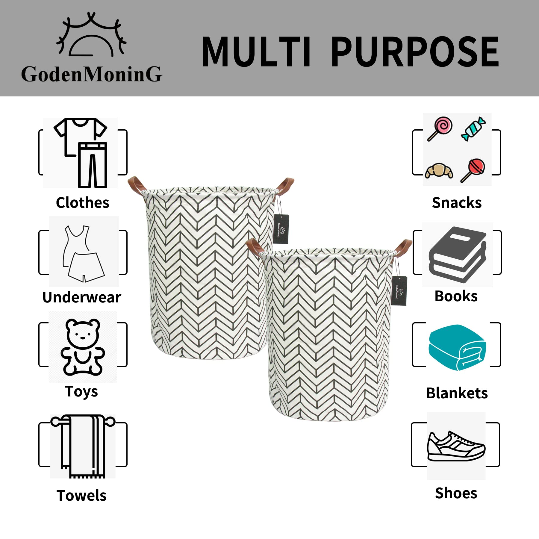 Collapsible Laundry Basket - GodenMoninG 2X 62.8L Large Sized Round Waterproof Storage Bin with Leather Handles,Home Decor,Toy Organizer,Children Nursery Hamper.（2 PACKS，THICK Flow Mark X2）