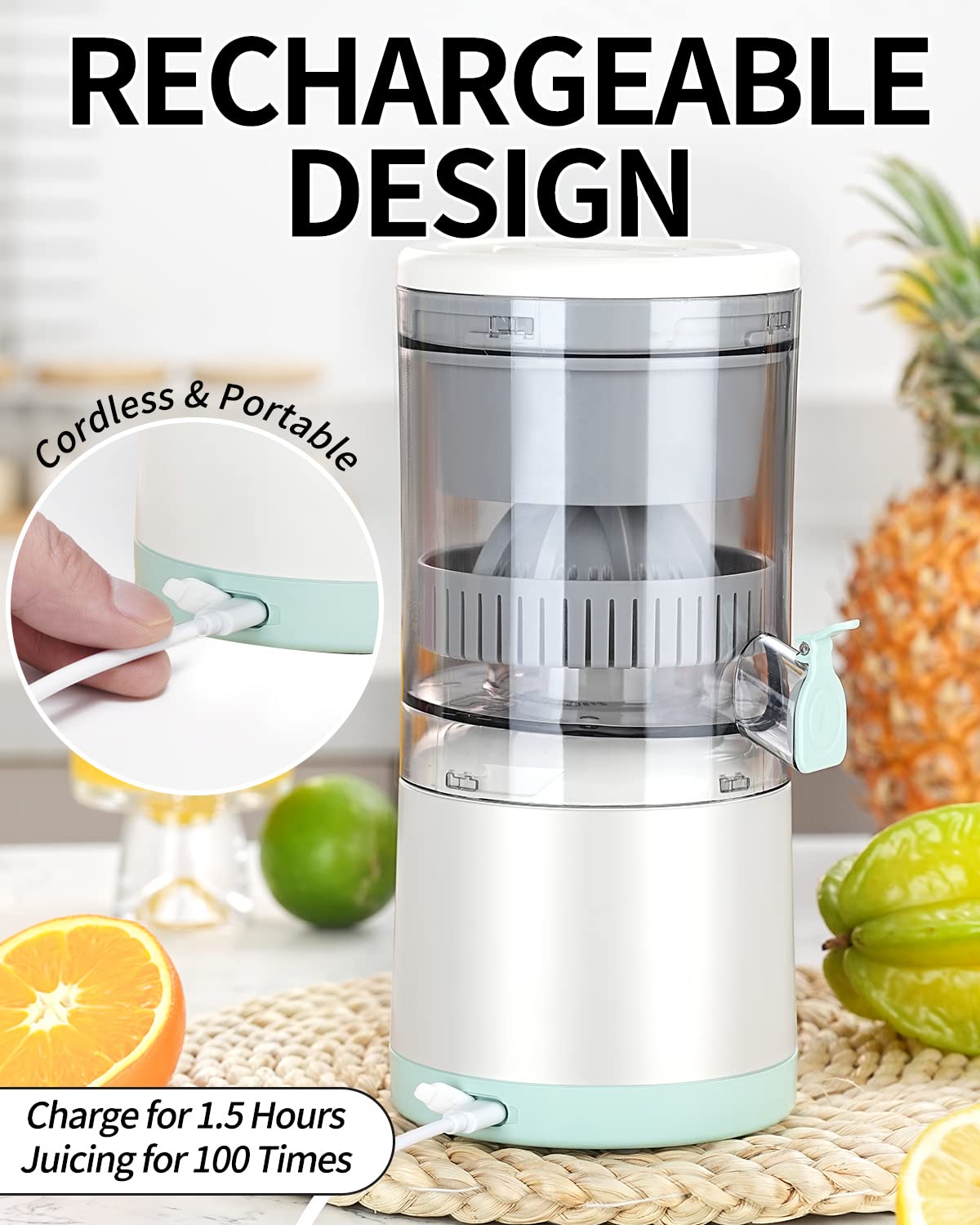 Citrus Juicer Machines Rechargeable - Portable Juicer with USB and Cleaning Brush for Orange, Lemon, Grapefruit