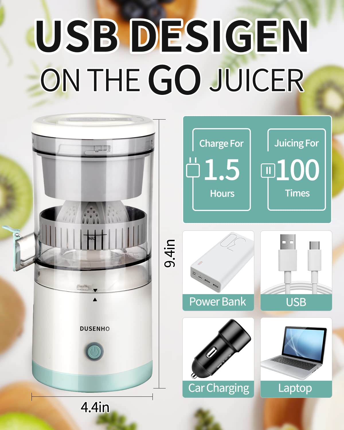 Citrus Juicer Machines Rechargeable - Portable Juicer with USB and Cleaning Brush for Orange, Lemon, Grapefruit