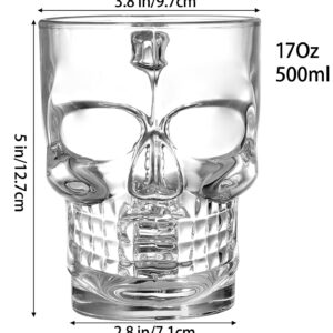 Hacaroa 6 Pack 17 Oz Skull Glass Beer Mug with Handle, Heavy Base Drinking Tiki Glasses, Clear Funny Beer Stein Cup for Whiskey, Wine, Juice, Bar, Halloween Decorations Gifts