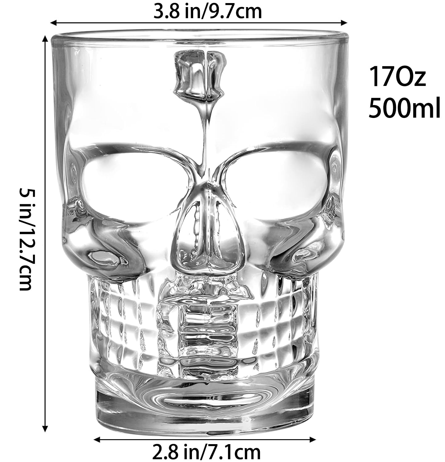 Hacaroa 6 Pack 17 Oz Skull Glass Beer Mug with Handle, Heavy Base Drinking Tiki Glasses, Clear Funny Beer Stein Cup for Whiskey, Wine, Juice, Bar, Halloween Decorations Gifts