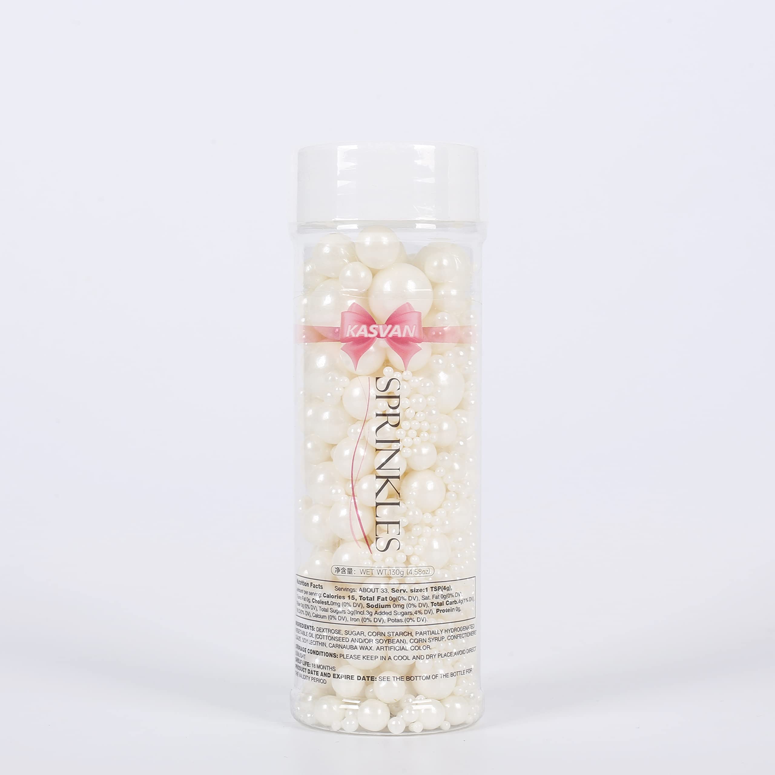 Kasvan White Pearl Sugar Sprinkles - Edible Candy Pearls 130g/4.58 Oz, Mix Size, Baking Cake Decorations, Ice Cream Toppings and Cookie Decorating, Wedding Party Chirstmas Supplies