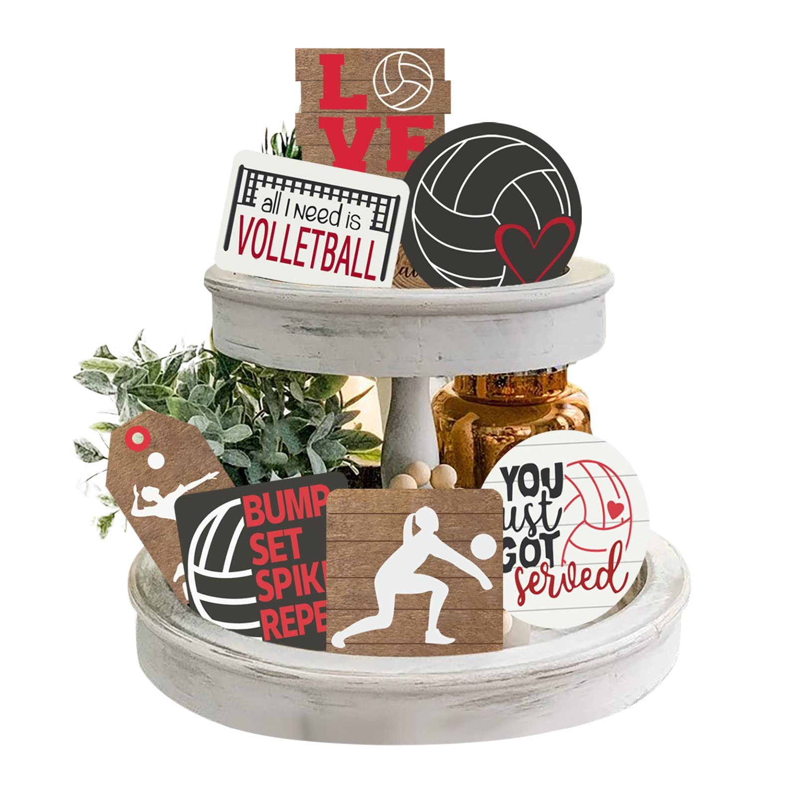 6 Pieces Volleyball Tiered Tray Decorations, Happy Volleyball Sport Wooden Signs Items Decor, Rustic Farmhouse Tray Sets for Kitchen Home Table Mini Decor Volleyball Themed Game Contest Party Supplies