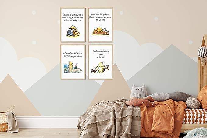 Winnie the Pooh Wall Decor – Unframed Set of 4 Prints, 8x10 Inch, Watercolour Nursery Wall Decor for Boys and Girls, Kids, Baby’s Nursery Decor Playroom Classic Pooh Bear Friends Piglet UNFRAMED