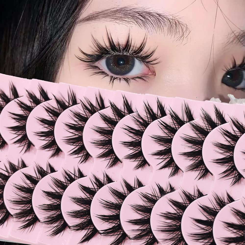 AUGENL 10Pairs False Eyelashes Cute Japanese Style Makeup Thick Eye Lash Extension,Cosplay Anime Makeup Eyelashes Reusable Lashes Manga Eye Makeup Tools (H03)