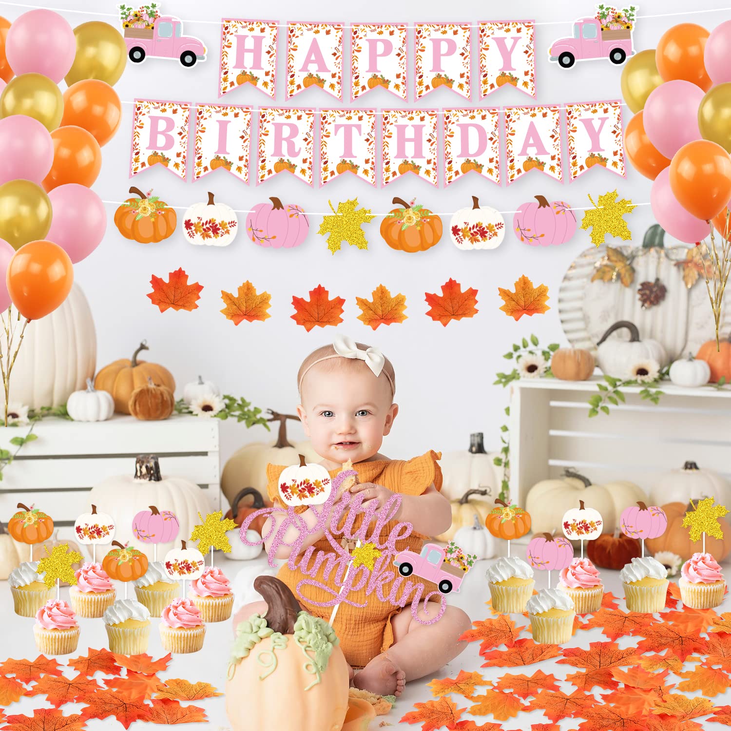 Pink Fall Pumpkin Birthday Party Decorations, Little Pumpkin Birthday Banner Cake Topper Balloons for Girls Fall Birthday Baby Shower Thanksgiving Party