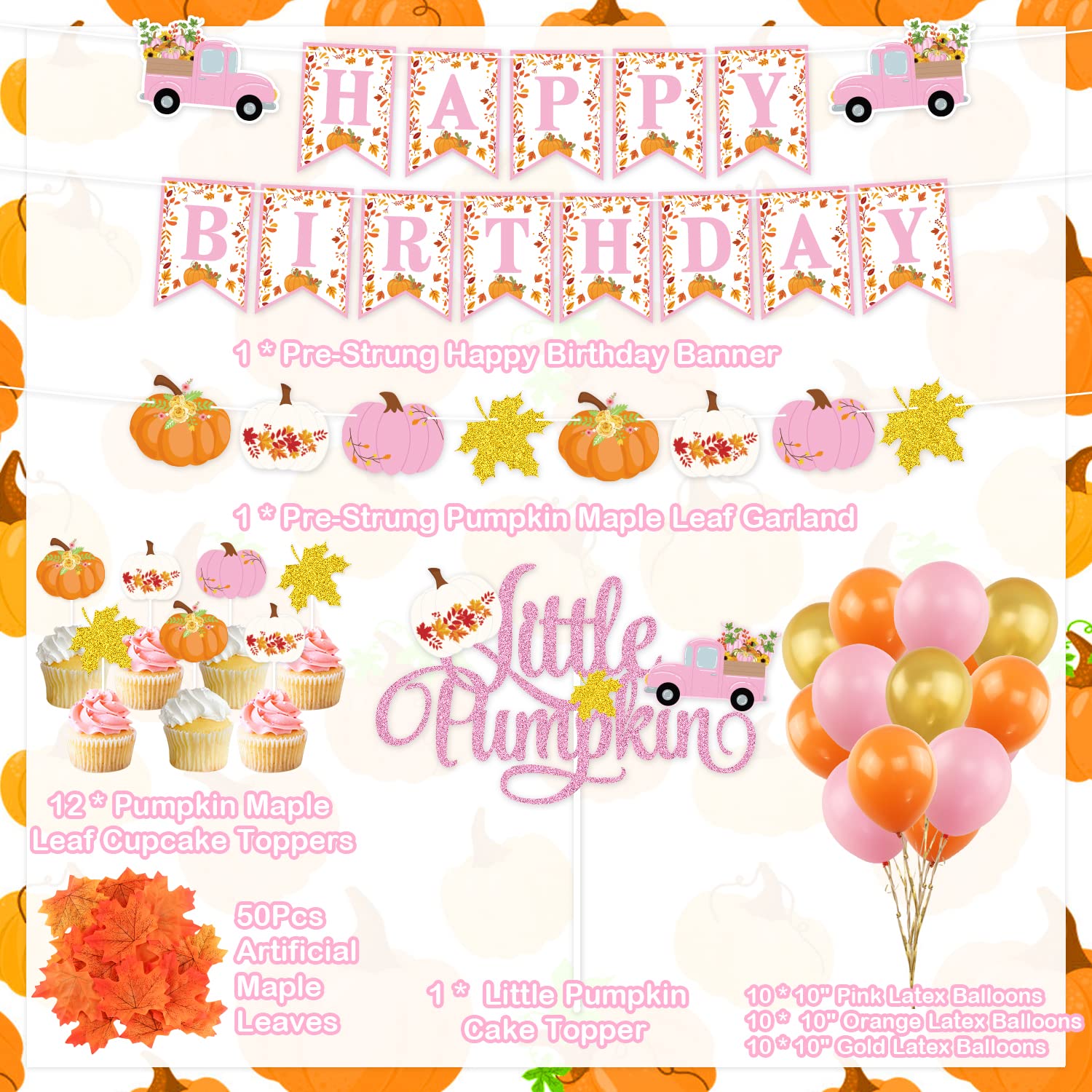 Pink Fall Pumpkin Birthday Party Decorations, Little Pumpkin Birthday Banner Cake Topper Balloons for Girls Fall Birthday Baby Shower Thanksgiving Party