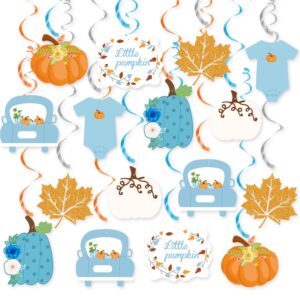 little pumpkin party hanging decorations, blue boy little pumpkin baby shower decoration, pumpkin truck maple leaf hanging swirl streamer for boy fall baby shower gender reveal party supplies