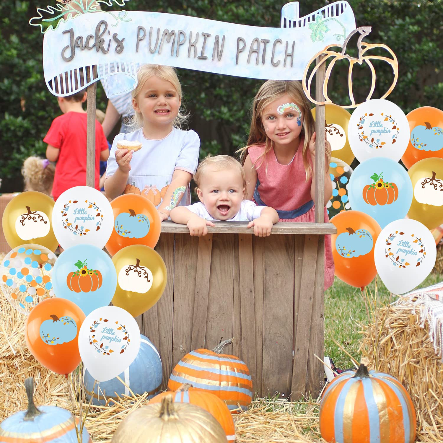 Blue Little Pumpkin Balloons, Fall Balloons Maple Leaf Pumpkin Balloons Garland with Blue Silver Orange Confetti Balloons for Boy Little Pumpkin Baby Shower Birthday Thanksgiving Party Decorations