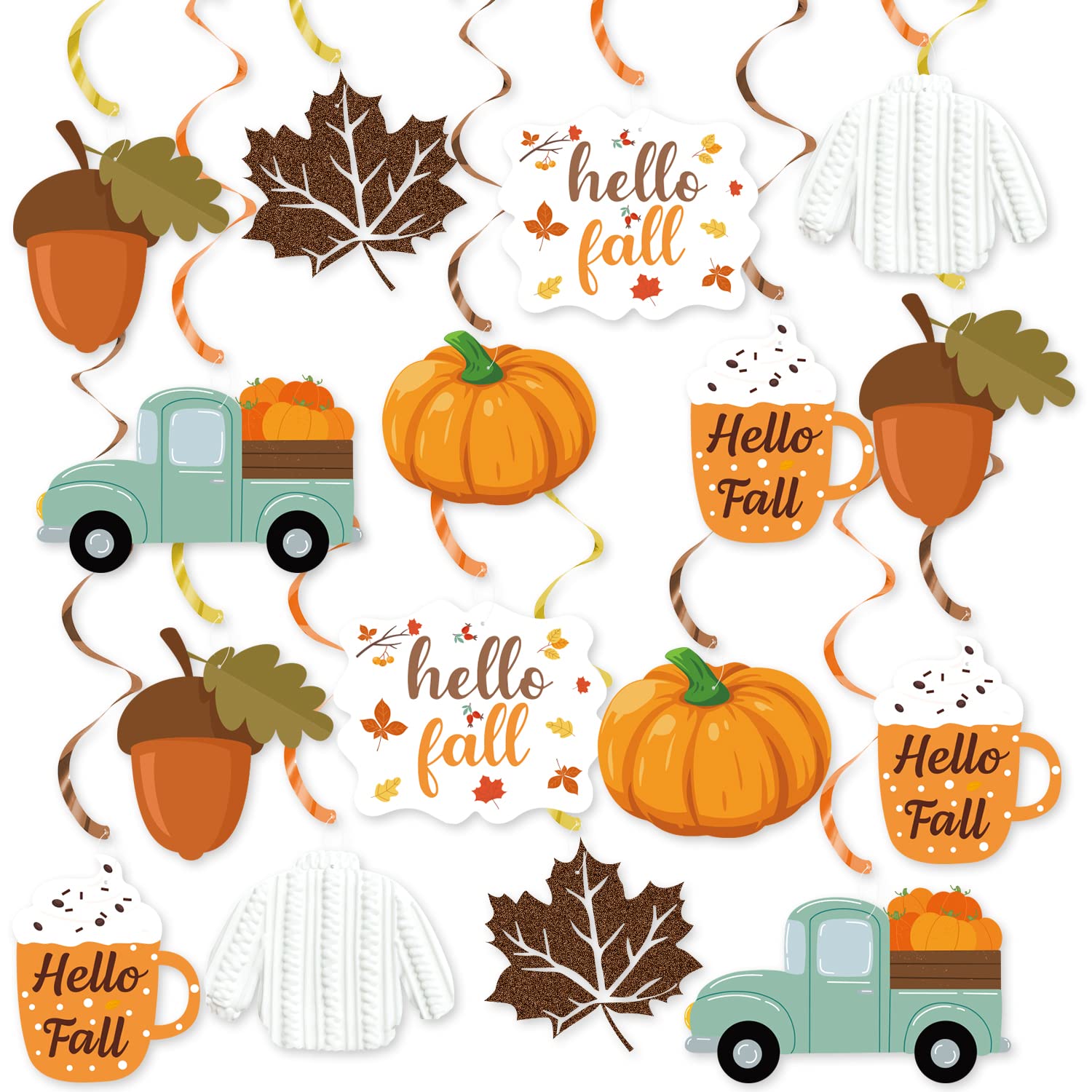 20Pcs Fall Party Hanging Decorations, Autumn Hello Fall Party Hanging Decorations, Pumpkin Leaf Truck Cutouts Thanksgiving Ornaments for Fall Party Decorations Thanksgiving Party Supplies