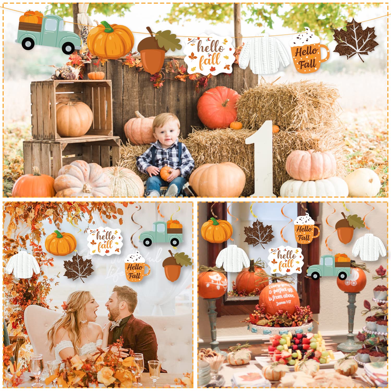 20Pcs Fall Party Hanging Decorations, Autumn Hello Fall Party Hanging Decorations, Pumpkin Leaf Truck Cutouts Thanksgiving Ornaments for Fall Party Decorations Thanksgiving Party Supplies