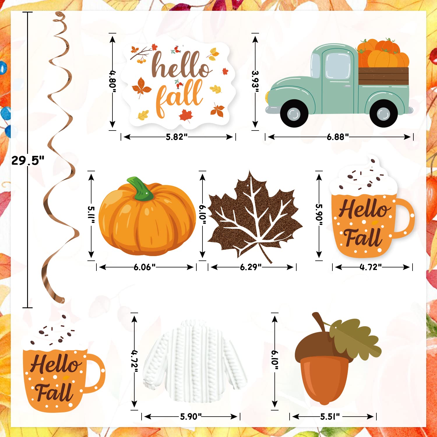 20Pcs Fall Party Hanging Decorations, Autumn Hello Fall Party Hanging Decorations, Pumpkin Leaf Truck Cutouts Thanksgiving Ornaments for Fall Party Decorations Thanksgiving Party Supplies