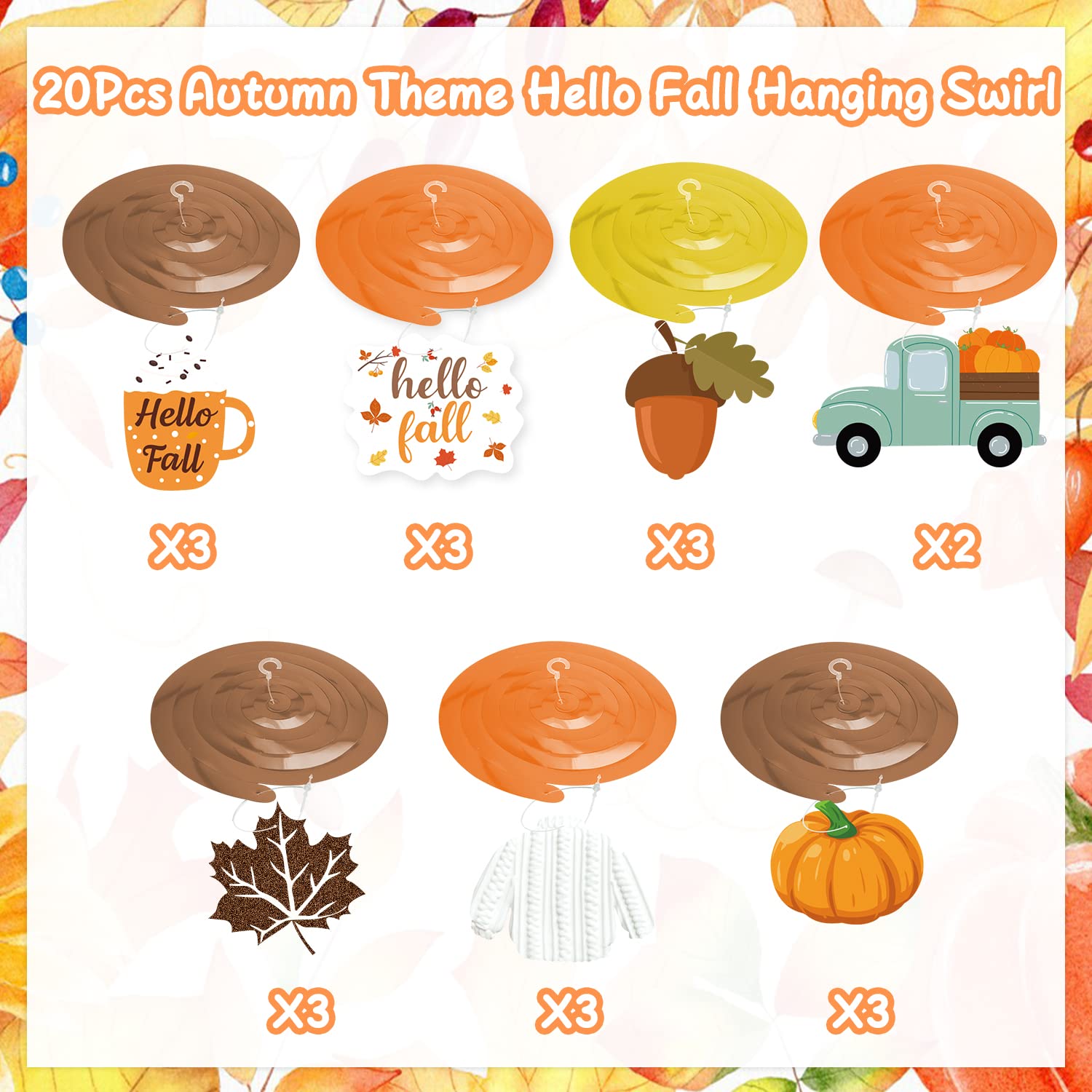 20Pcs Fall Party Hanging Decorations, Autumn Hello Fall Party Hanging Decorations, Pumpkin Leaf Truck Cutouts Thanksgiving Ornaments for Fall Party Decorations Thanksgiving Party Supplies