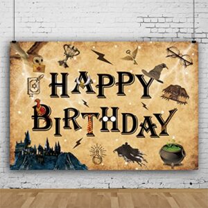 QIEXI Wizard Birthday Backdrop Wizard Happy Birthday Party Decoration Backdrop for Boy Girl Birthday Party Banner Witch Party Theme Decoration Supplies Wizard School Decoration 5x3ft