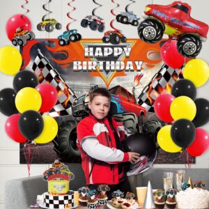 Monster Truck Birthday Party Supplies, Hot Wheels Birthday Decorations, Includes Happy Birthday Backdrop, Monster Jam Foil Balloons, Truck Hanging Swirls, Cake&Cupcake Toppers, Multicolor Balloons