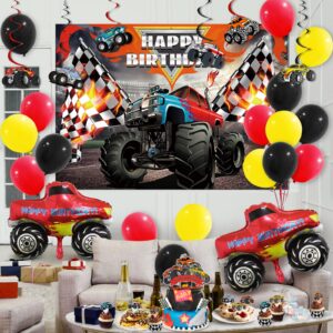 Monster Truck Birthday Party Supplies, Hot Wheels Birthday Decorations, Includes Happy Birthday Backdrop, Monster Jam Foil Balloons, Truck Hanging Swirls, Cake&Cupcake Toppers, Multicolor Balloons