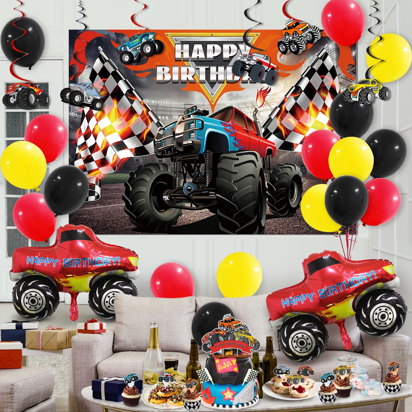 Monster Truck Birthday Party Supplies, Hot Wheels Birthday Decorations, Includes Happy Birthday Backdrop, Monster Jam Foil Balloons, Truck Hanging Swirls, Cake&Cupcake Toppers, Multicolor Balloons