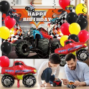 Monster Truck Birthday Party Supplies, Hot Wheels Birthday Decorations, Includes Happy Birthday Backdrop, Monster Jam Foil Balloons, Truck Hanging Swirls, Cake&Cupcake Toppers, Multicolor Balloons