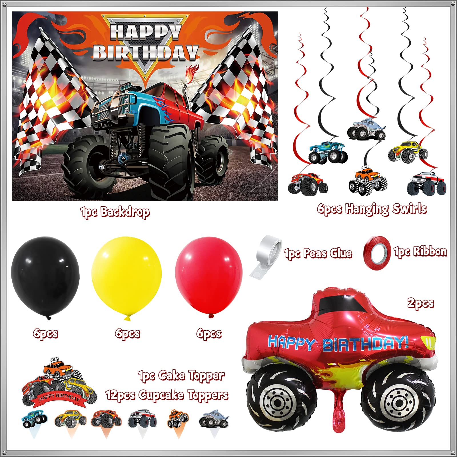 Monster Truck Birthday Party Supplies, Hot Wheels Birthday Decorations, Includes Happy Birthday Backdrop, Monster Jam Foil Balloons, Truck Hanging Swirls, Cake&Cupcake Toppers, Multicolor Balloons