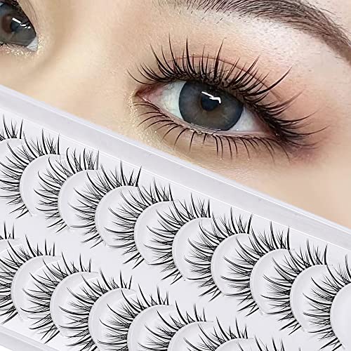 Manga Lashes Natural Look Japanese Anime Lashes Korean Asian Wispy Spiky Lashes with Clear Band Short Fake Eyelash 10 Pairs Pack by outopen