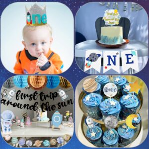 First Trip Around The Sun Birthday Party Decoration Pack, 1st Baby Shower Birthday Party Supplies Include Banner, Star Garland, High Chair ONE Banner, Cake Toppers, Latex and Foil Balloons, Felt Hat