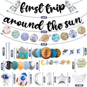 First Trip Around The Sun Birthday Party Decoration Pack, 1st Baby Shower Birthday Party Supplies Include Banner, Star Garland, High Chair ONE Banner, Cake Toppers, Latex and Foil Balloons, Felt Hat