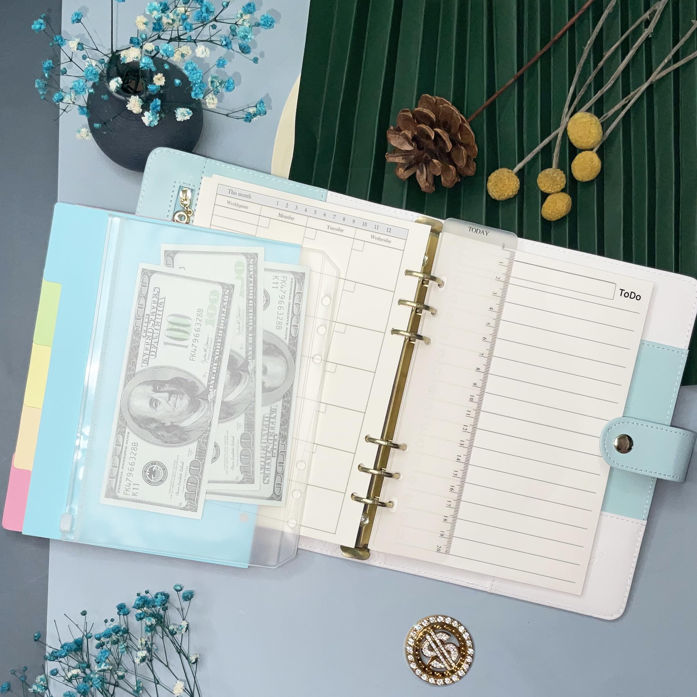 A5 6-Ring Planner kit with Planner Refill Inserts, Cash Pockets, Matched Labels, Christmas Gift Kit with Gift Box,Card and Pen 9.25 x 7.08'' (Harphia, 142B-Mint)