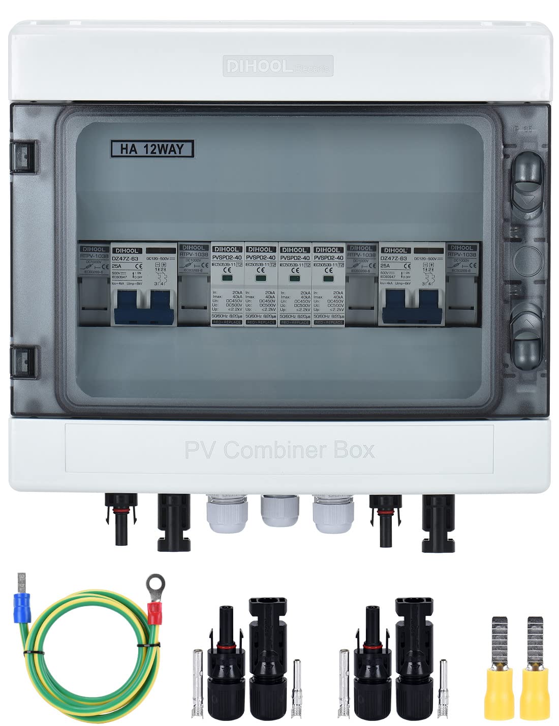 DIHOOL PV Solar Combiner Box for Solar Panels, 2 String 25 Amp IP65 Box DC500V 50A Miniature Circuit Breakers