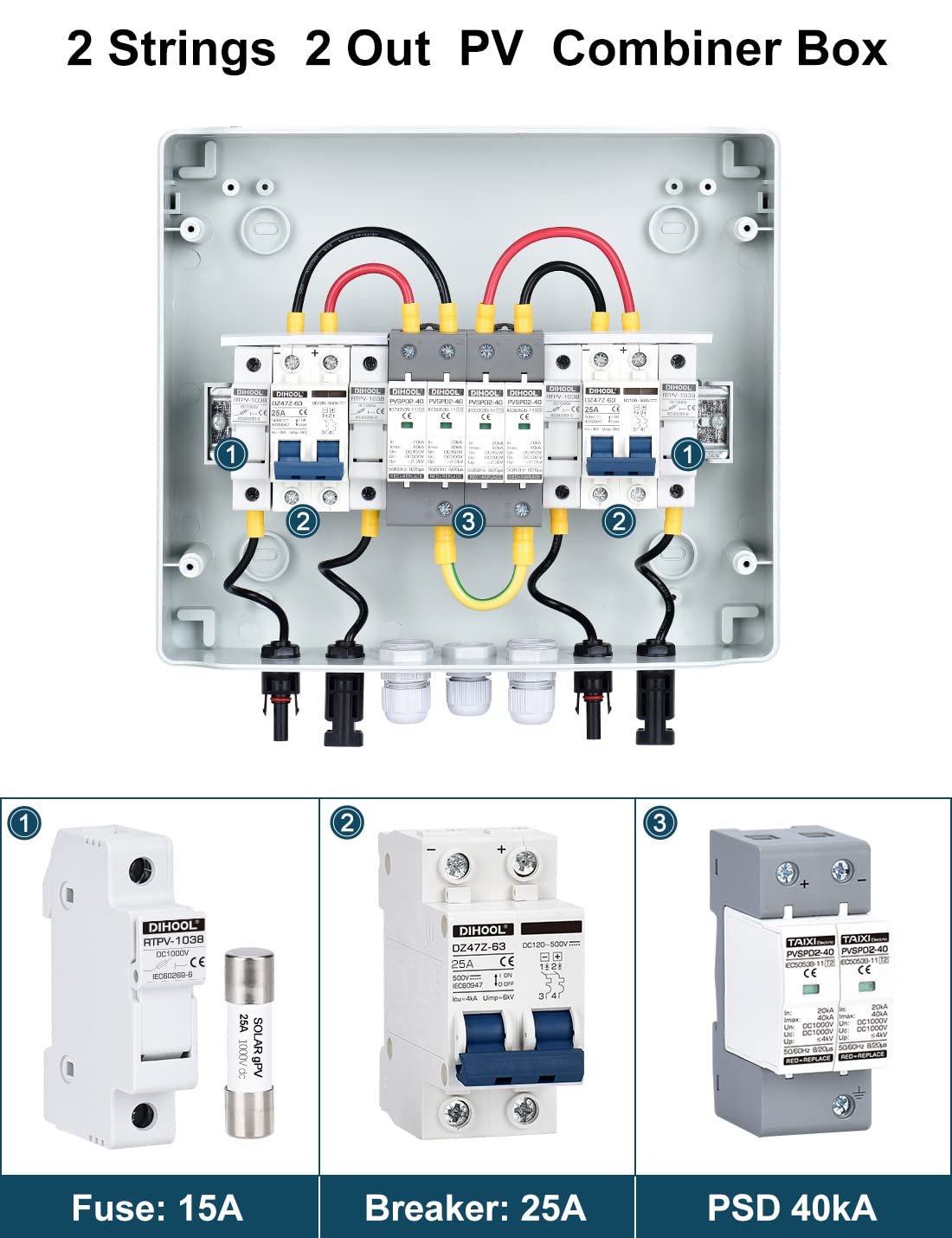 DIHOOL PV Solar Combiner Box for Solar Panels, 2 String 25 Amp IP65 Box DC500V 50A Miniature Circuit Breakers