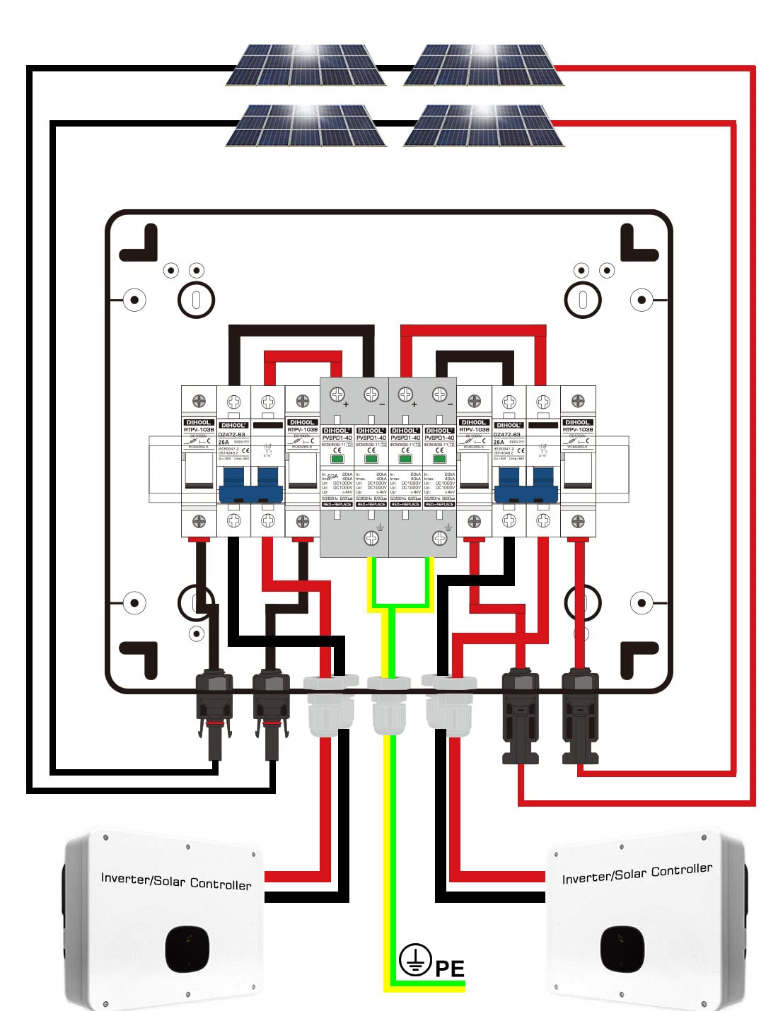 DIHOOL PV Solar Combiner Box for Solar Panels, 2 String 25 Amp IP65 Box DC500V 50A Miniature Circuit Breakers