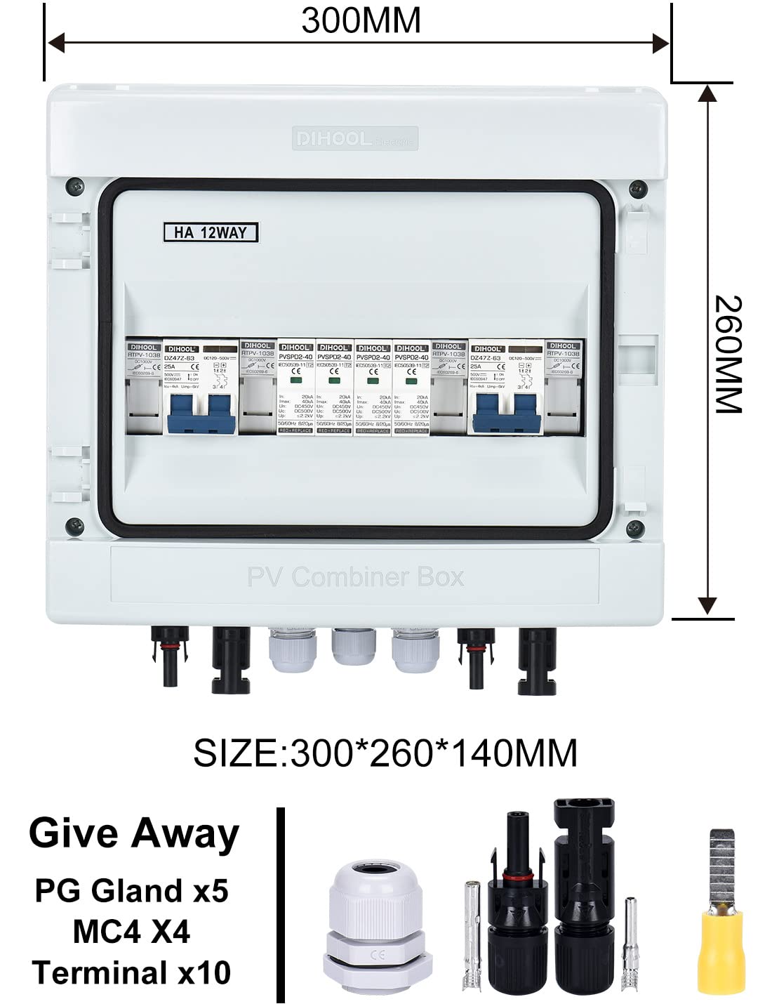 DIHOOL PV Solar Combiner Box for Solar Panels, 2 String 25 Amp IP65 Box DC500V 50A Miniature Circuit Breakers