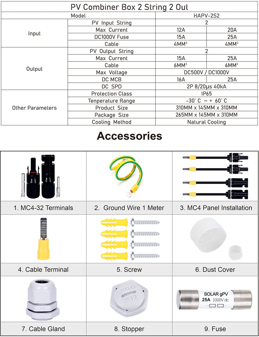 DIHOOL PV Solar Combiner Box for Solar Panels, 2 String 25 Amp IP65 Box DC500V 50A Miniature Circuit Breakers