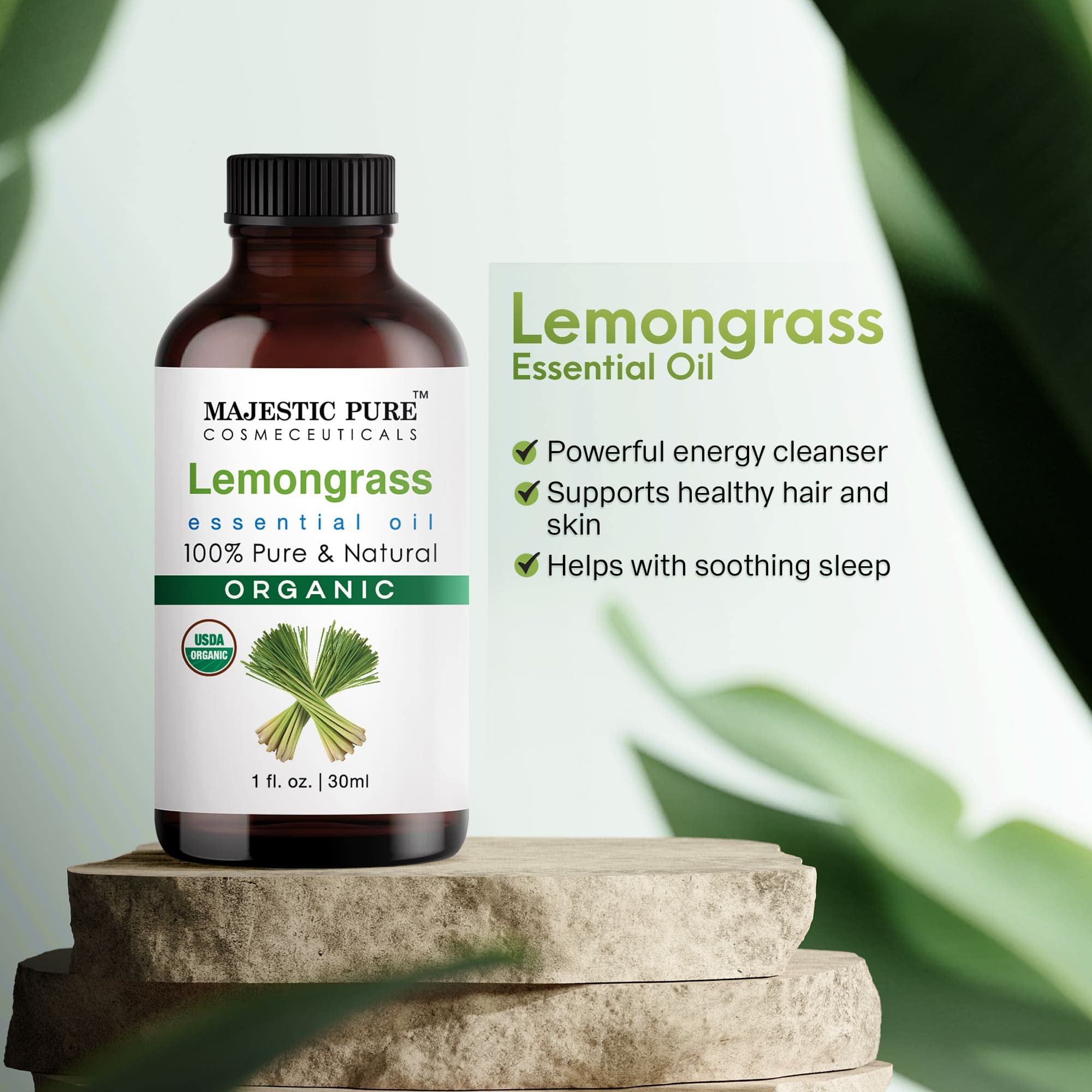 Majestic Lemongrass USDA Organic Essential Oil | 100% Organic | Premium Quality Oil for Aromatherapy, Massage, DIY Recipes| 1 fl oz