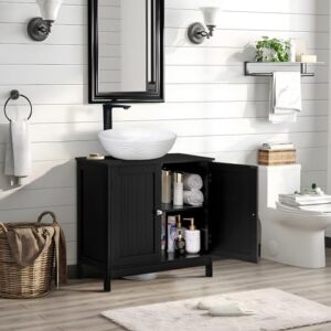 Iwell Pedestal Sink Storage Cabinet with 2 Doors and Shelf, Under Sink Cabinet, Bathroom Sink Cabinet with U-Shape, Black