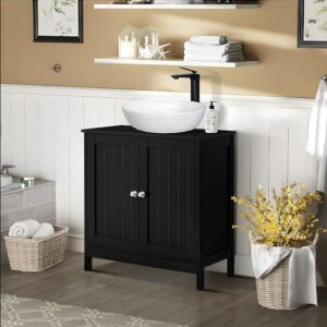 Iwell Pedestal Sink Storage Cabinet with 2 Doors and Shelf, Under Sink Cabinet, Bathroom Sink Cabinet with U-Shape, Black