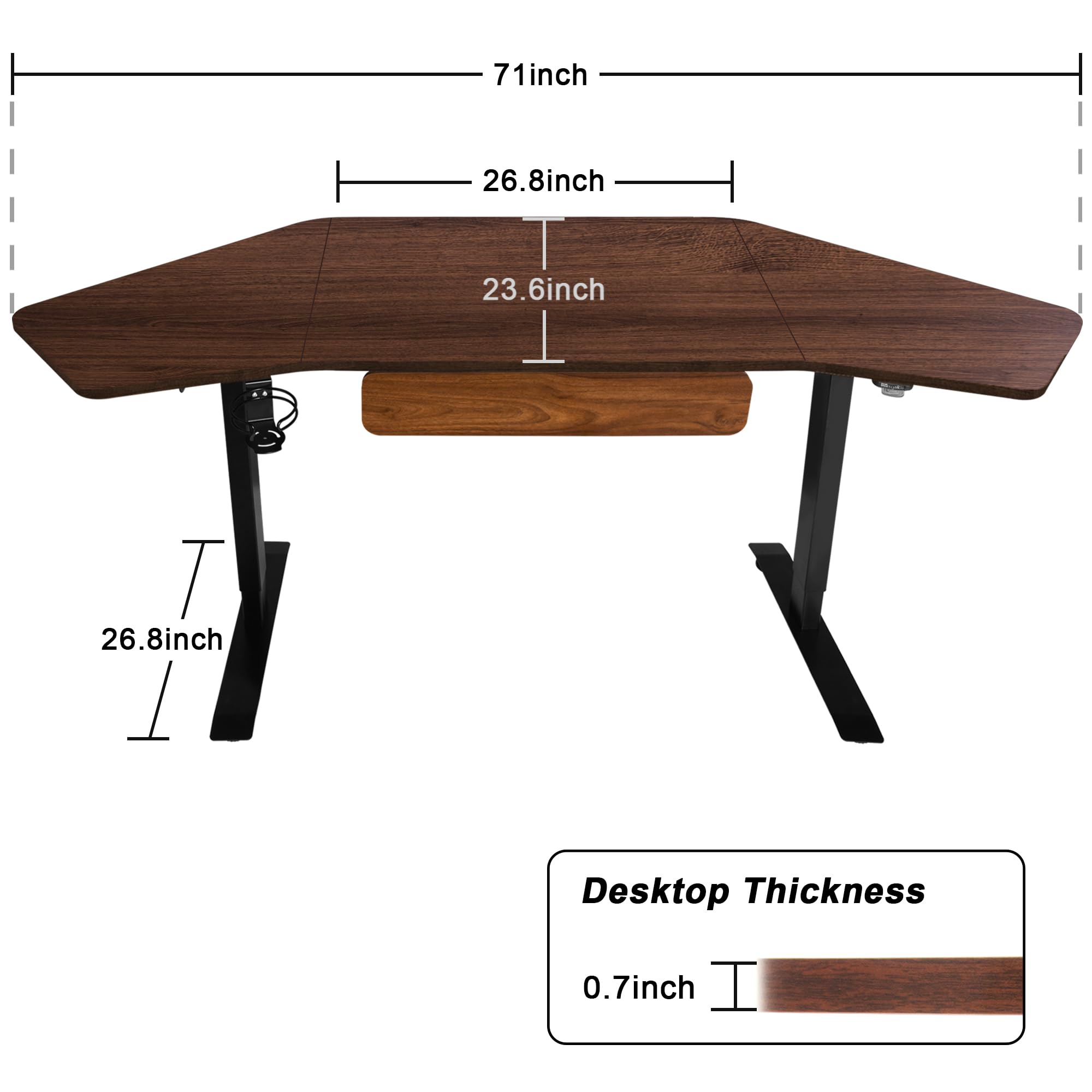 Frassie 71” Electric Standing Desk with LED Control Handle, Adjustable Height Sit Stand Wing-Shaped Desk with Drawer