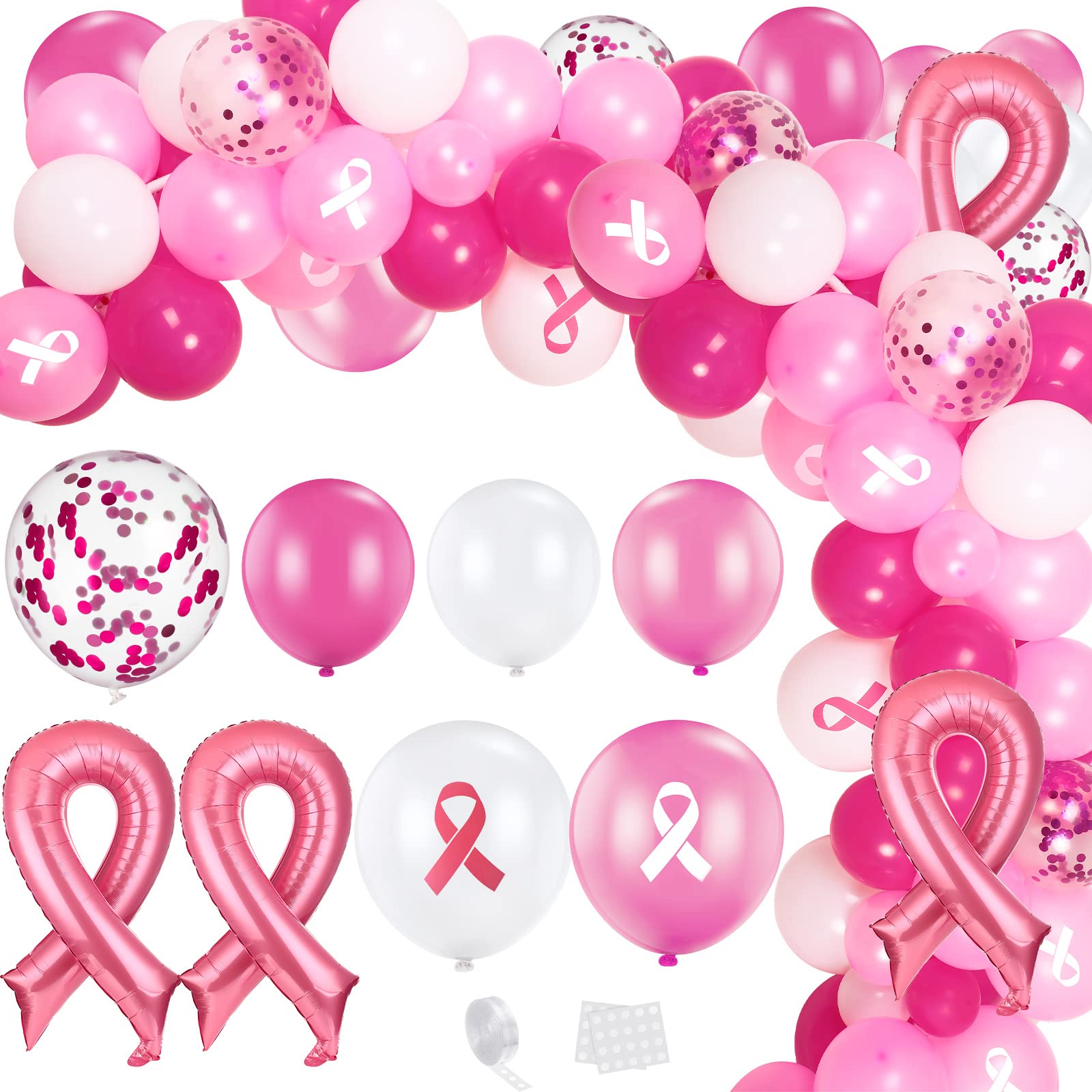 108 Pieces Breast Cancer Awareness Decorations Balloons Arch Garland Kit 12 10 5 Inch Pink White Confetti Latex Balloons Pink Ribbon Foil Balloons for Pink Ribbon Party Decoration Supplies