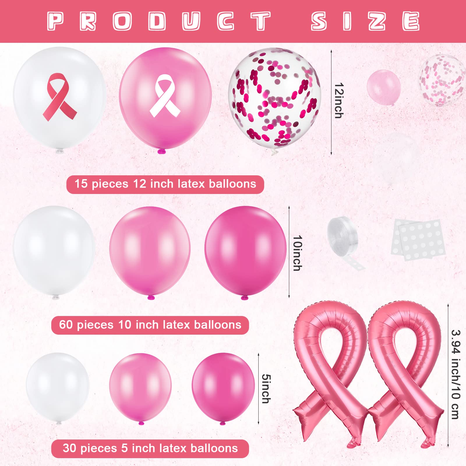 108 Pieces Breast Cancer Awareness Decorations Balloons Arch Garland Kit 12 10 5 Inch Pink White Confetti Latex Balloons Pink Ribbon Foil Balloons for Pink Ribbon Party Decoration Supplies