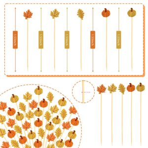 Pumpkins Maple Leaves Fall Cocktail Picks Autumn Theme Toothpicks Fruit Drinks Dessert Sticks Food Sandwich Appetizer Charcuterie Skewers, for Thanksgiving Day Decorations Party Supplies (100)