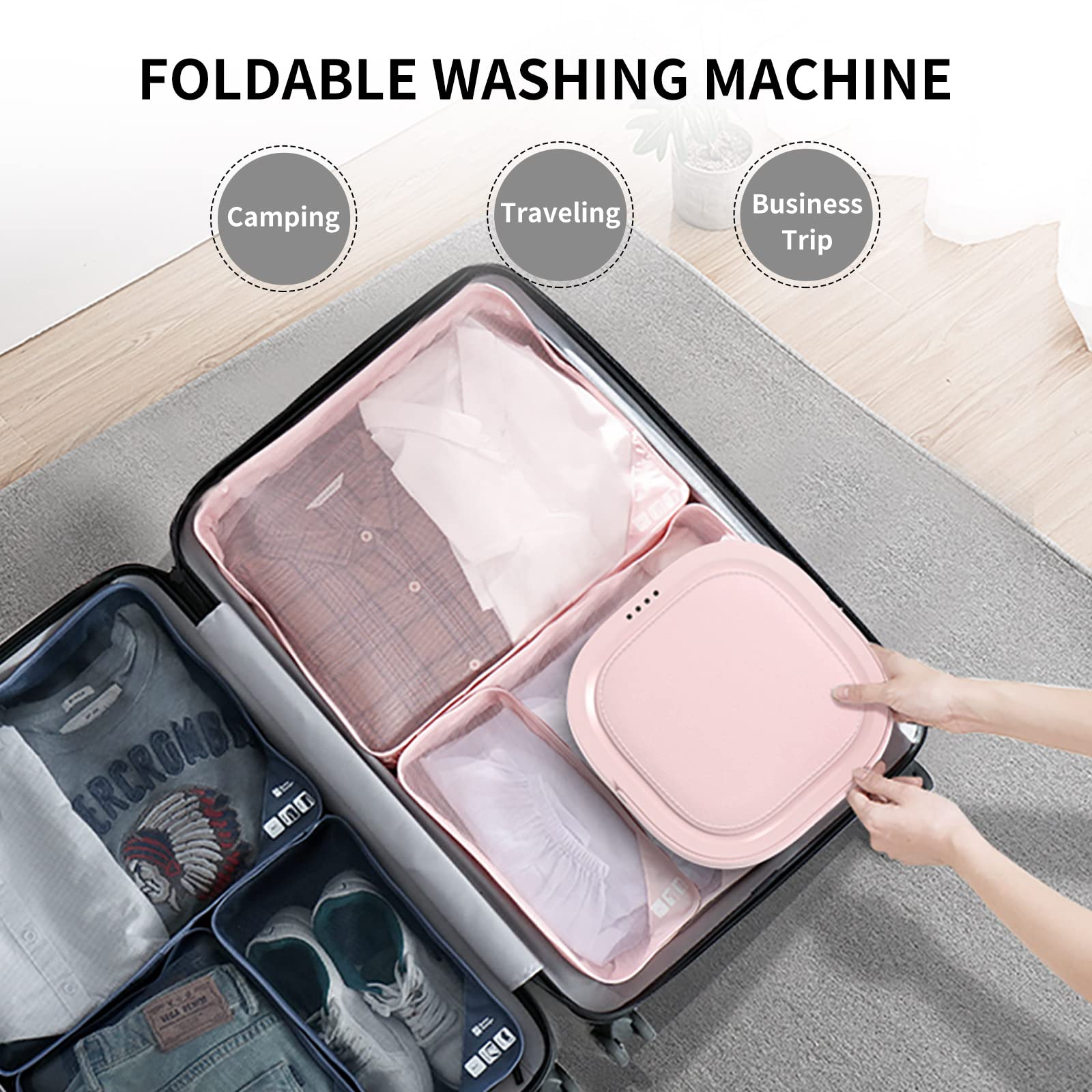 Arlyeef Portable Washing Machine, 9L Foldable Washer Machine with High-Speed Drain and Extension Hose for Apartment, Traveling, Laundry, Camping, Underwear, Baby Clothes - Pink