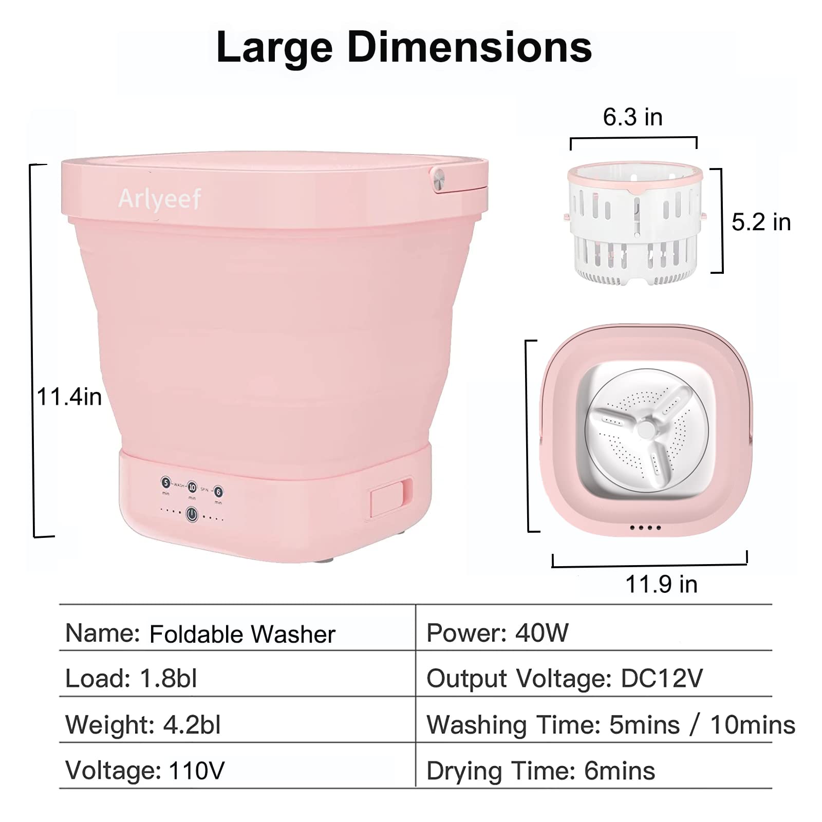 Arlyeef Portable Washing Machine, 9L Foldable Washer Machine with High-Speed Drain and Extension Hose for Apartment, Traveling, Laundry, Camping, Underwear, Baby Clothes - Pink