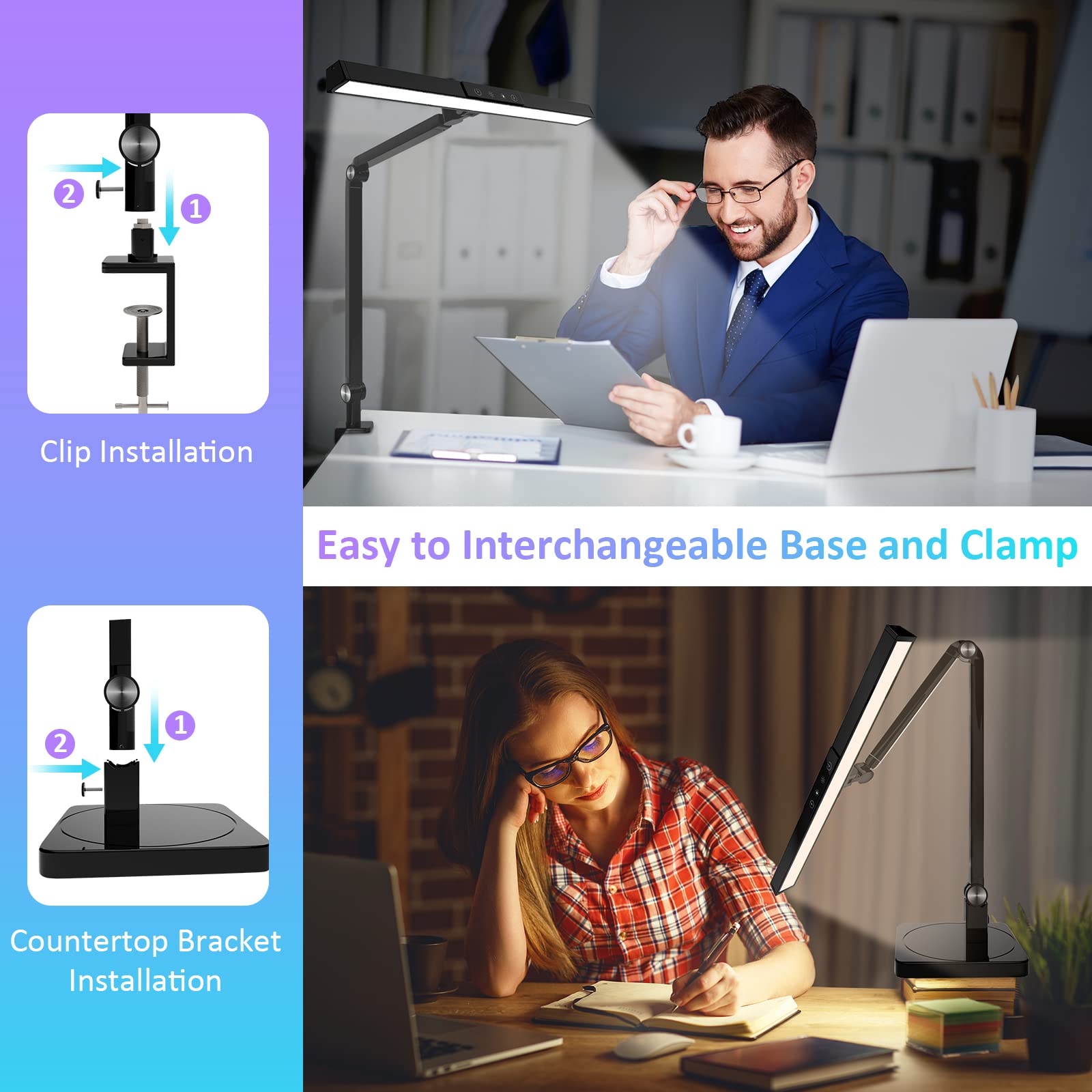 Smaeti Desk Lamp Desk Lamps for Home Office, Eye-Caring Dimmable Desk Lamp with Clamp & Base - 5 Color Modes 5 Brightness Levels,Touch Control Desk Lights for Study Work