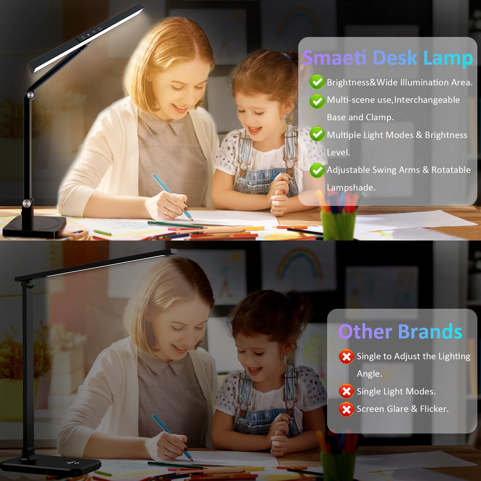 Smaeti Desk Lamp Desk Lamps for Home Office, Eye-Caring Dimmable Desk Lamp with Clamp & Base - 5 Color Modes 5 Brightness Levels,Touch Control Desk Lights for Study Work