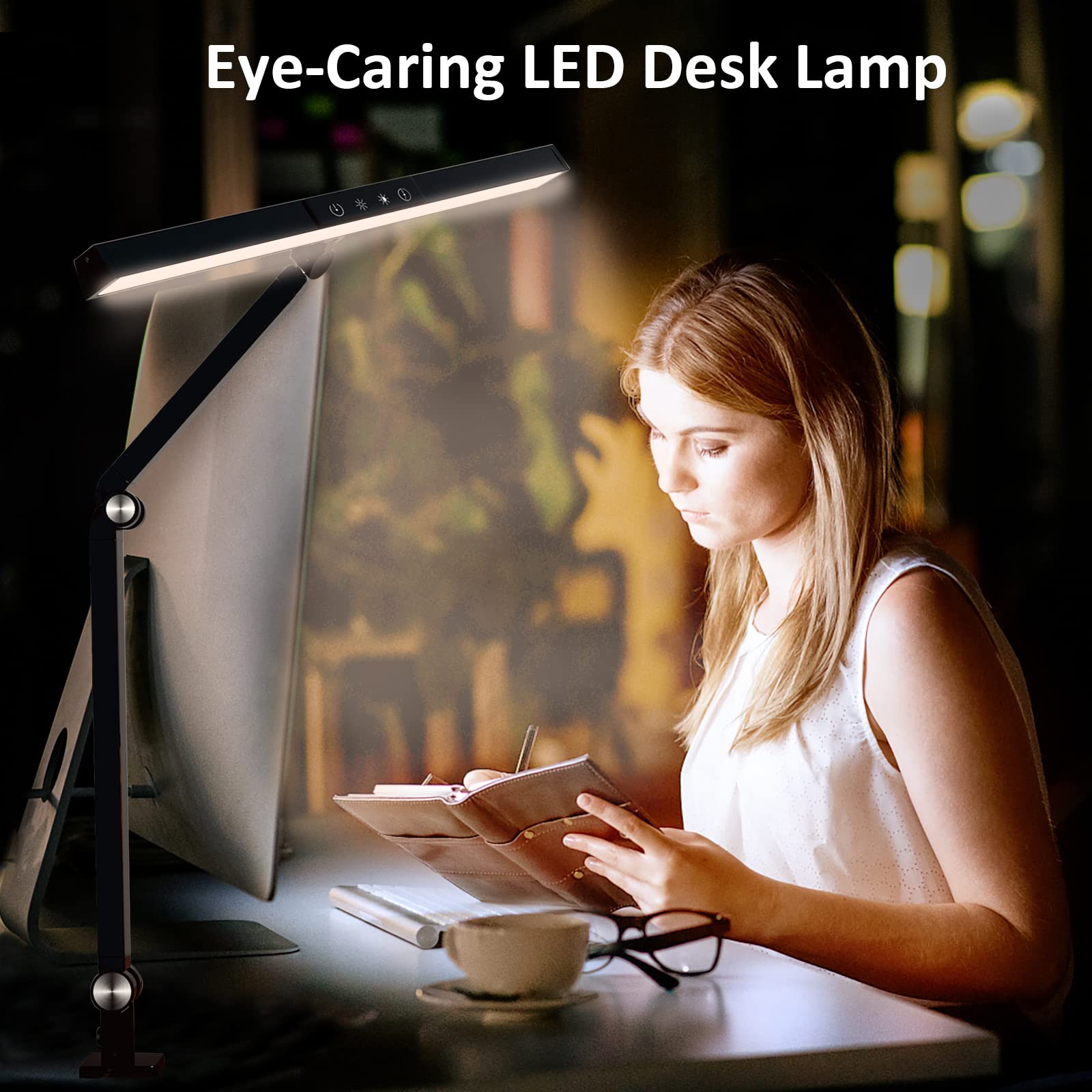 Smaeti Desk Lamp Desk Lamps for Home Office, Eye-Caring Dimmable Desk Lamp with Clamp & Base - 5 Color Modes 5 Brightness Levels,Touch Control Desk Lights for Study Work