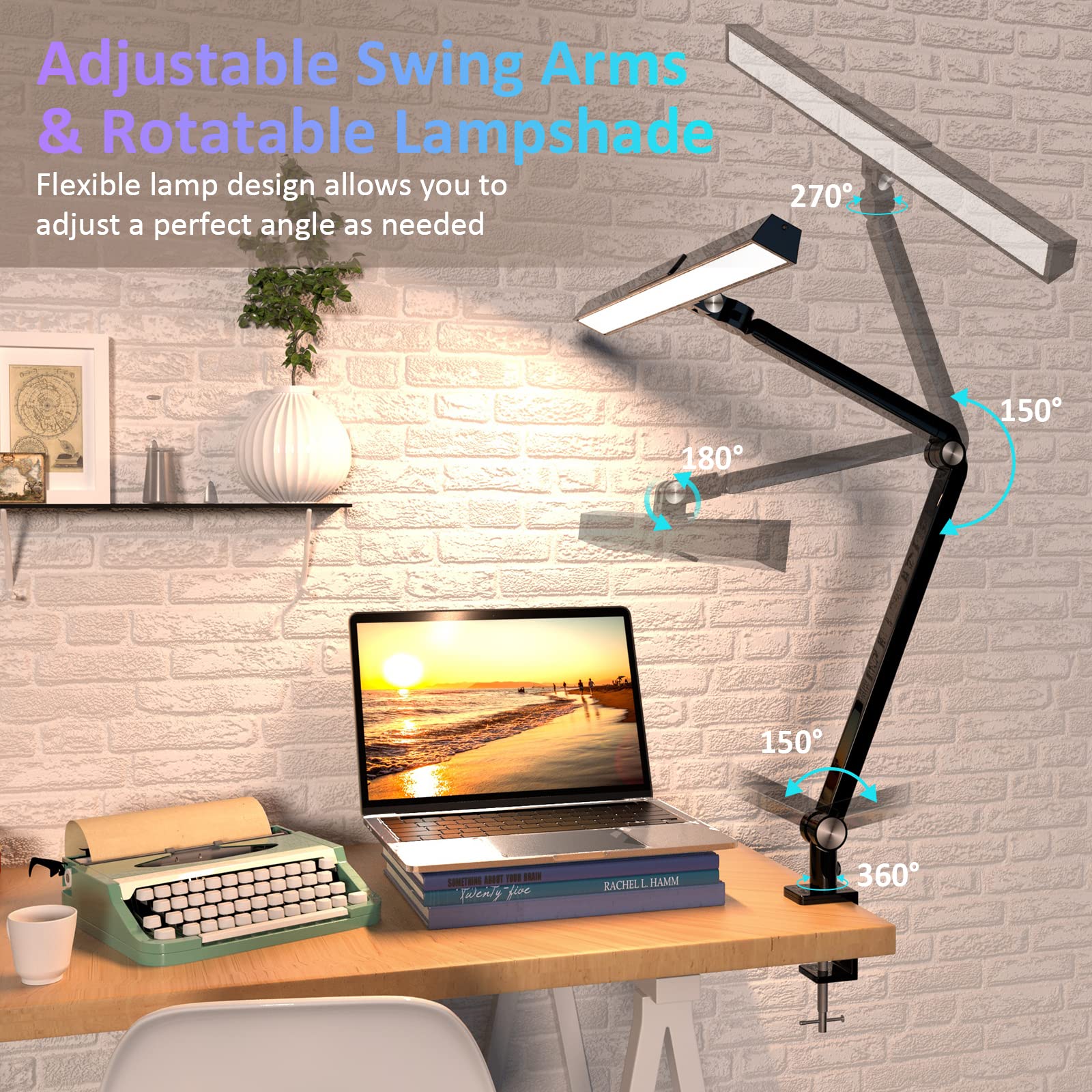 Smaeti Desk Lamp Desk Lamps for Home Office, Eye-Caring Dimmable Desk Lamp with Clamp & Base - 5 Color Modes 5 Brightness Levels,Touch Control Desk Lights for Study Work