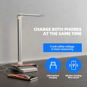 LED Desk Lamp with Wireless Charger, USB Charging Port, Touch Control Desk Lamp with 5 Color Modes, 7 Brightness Levels, Auto Timer, Dimmable Eye Caring Reading Desk Light for Study Home Office