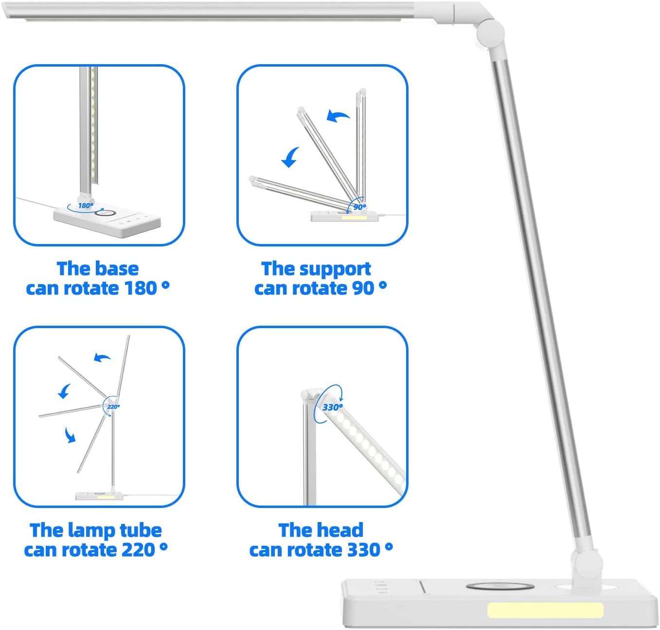 LED Desk Lamp with Wireless Charger, USB Charging Port, Touch Control Desk Lamp with 5 Color Modes, 7 Brightness Levels, Auto Timer, Dimmable Eye Caring Reading Desk Light for Study Home Office